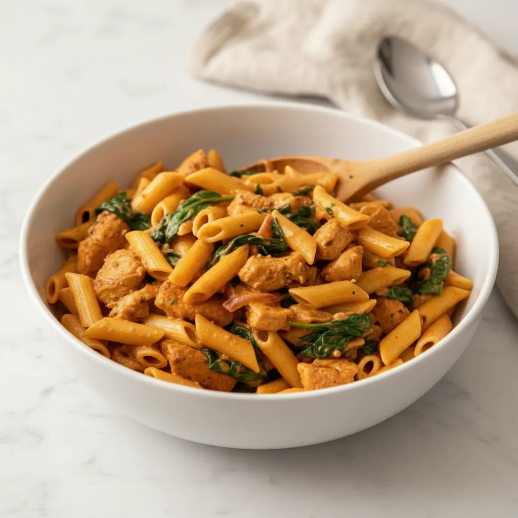 Quick Spicy Creamy Chicken Pasta With Spinach